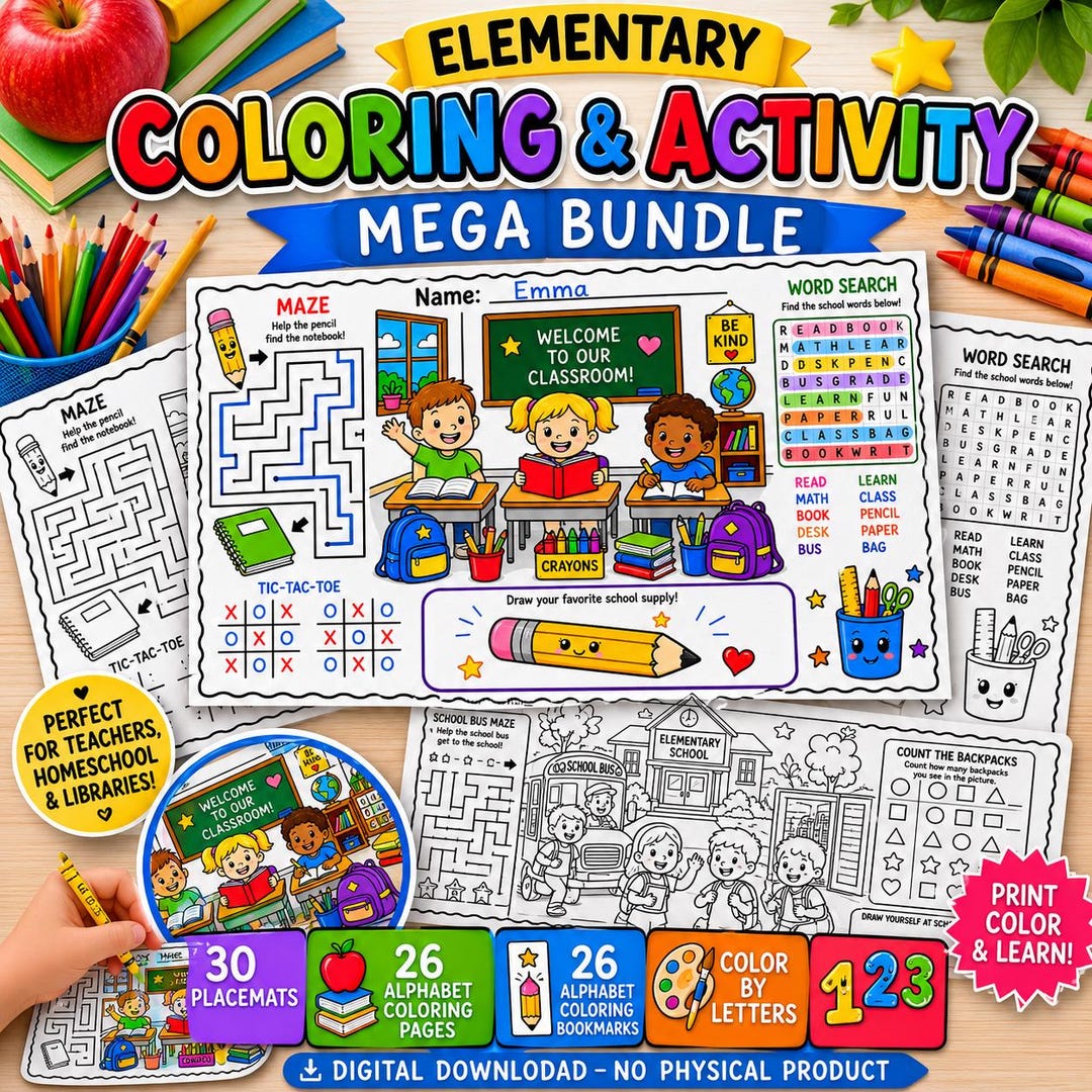 Elementary Classroom Coloring Activity Bundle, Placemats, Alphabet ...