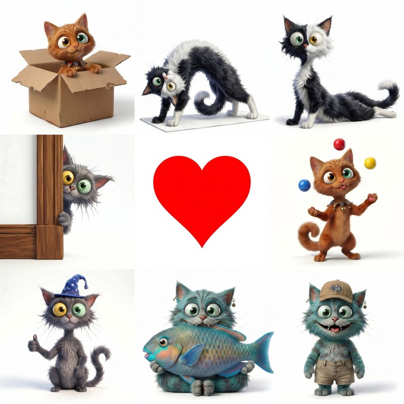 Quirky Cats Clipart, Funny Whimiscal Cat Clipart, Kawaii Animal PNG ...