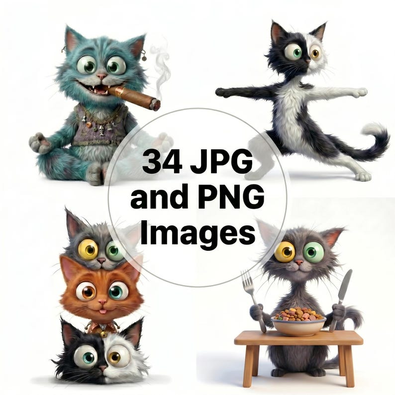 Quirky Cats Clipart, Funny Whimiscal Cat Clipart, Kawaii Animal PNG ...