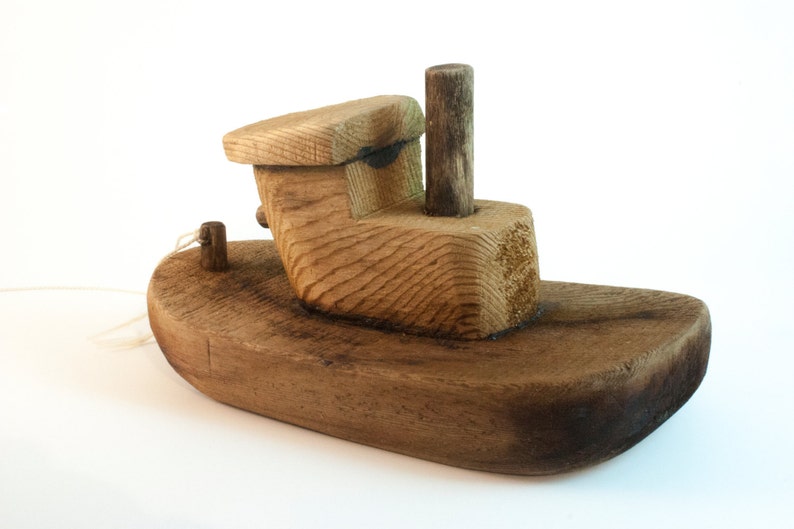 Wooden Toy Tugboat Carving with String Rustic Natural Wood Toy | Etsy