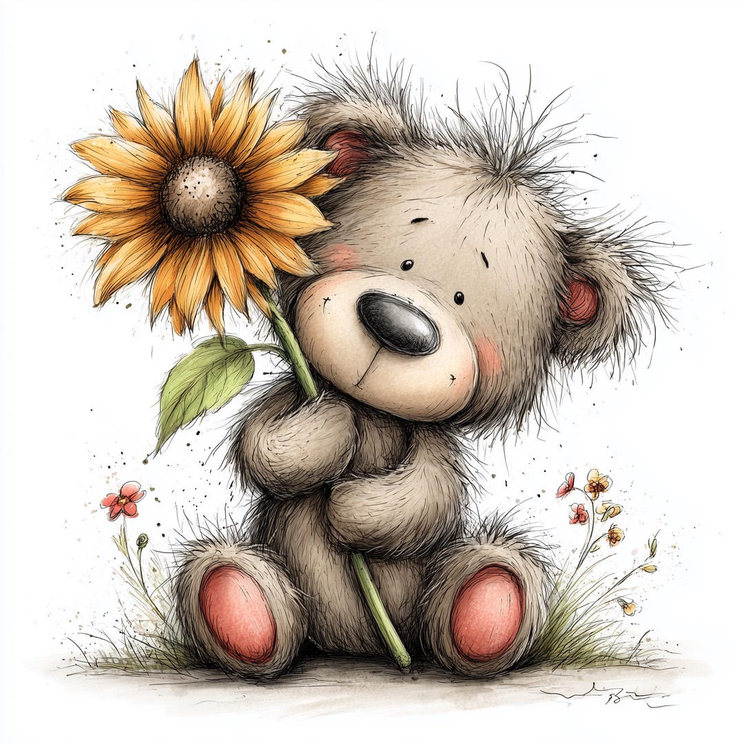 30 Teddy Bear With Sunflowers Clipart: Watercolor Jpgs, Floral Nursery ...