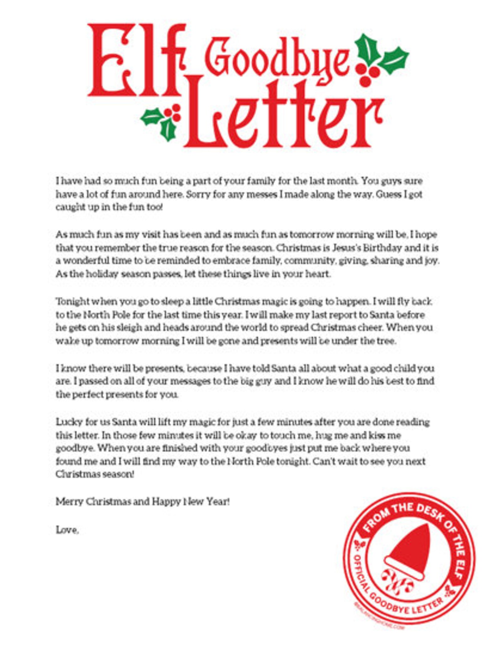 Saying Goodbye to Your Elf - Official Goodbye Letter - Etsy