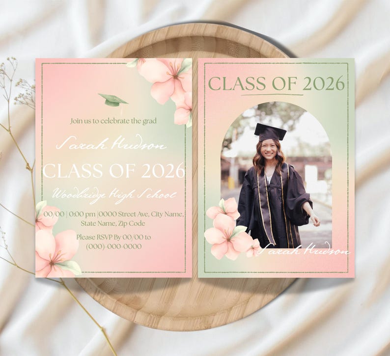 Pink Flowers Graduation Invitation Template, Coquette Grad Party ...
