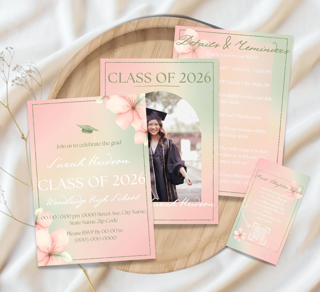 Pink Flowers Graduation Invitation Template, Coquette Grad Party ...