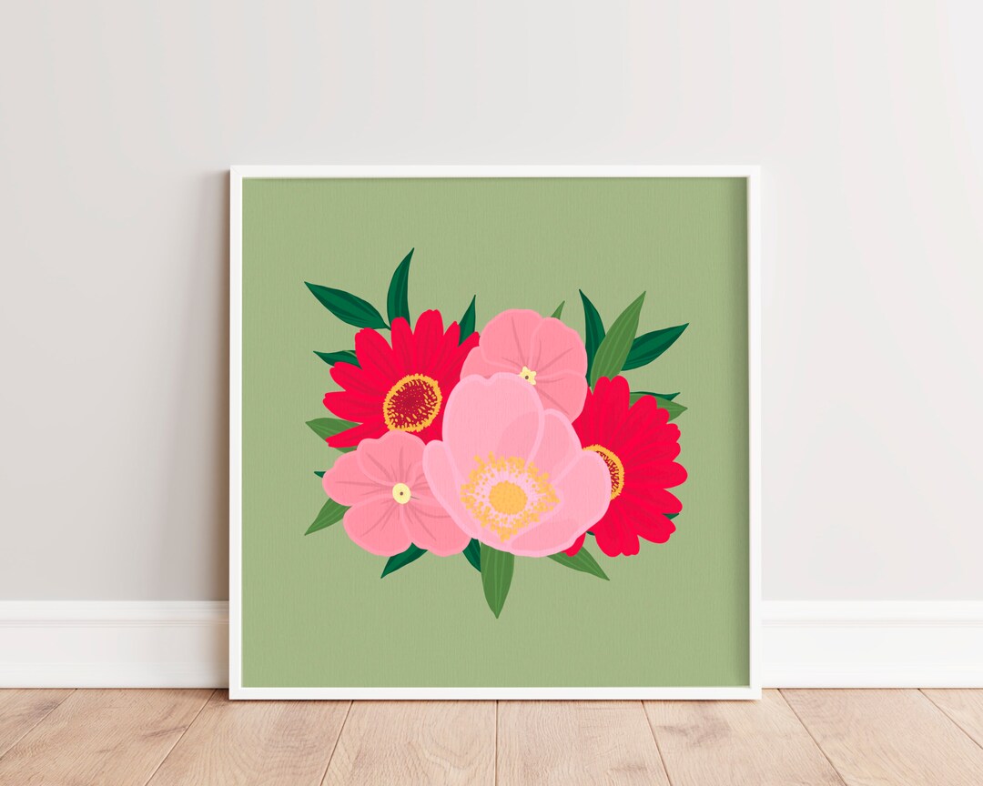 Retro Flower Art Print | Colorful Wall Art | Bright Green, Pink, Red ...