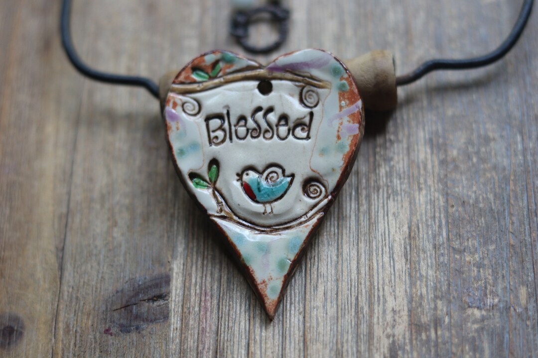 Handmade Ceramic Heart Pendant, Blessed Bird, Essential Oil Diffuser ...