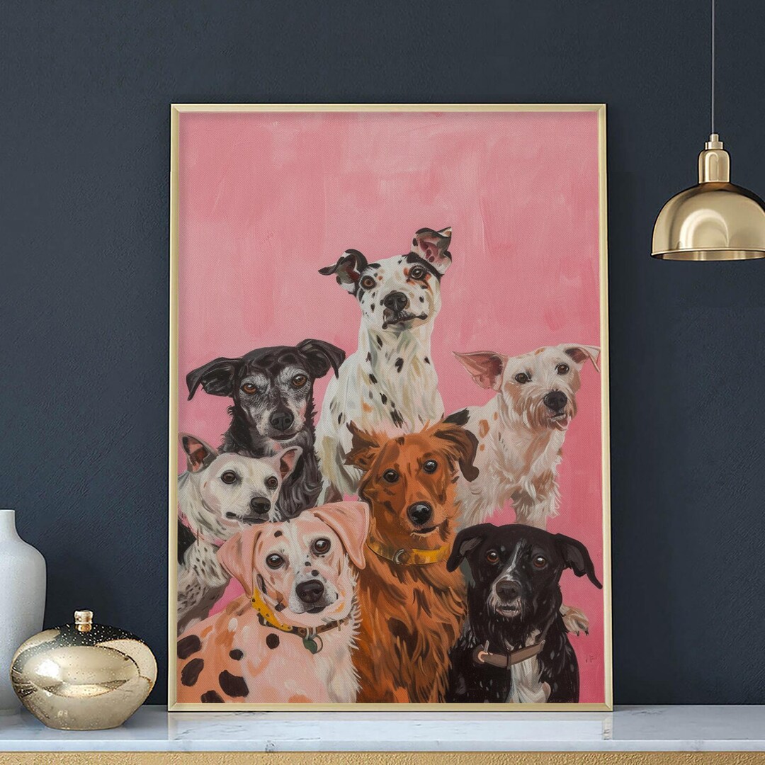Multiple Dog Portrait Wall Art Print on Pink Background, Custom Pet ...
