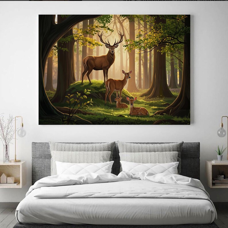 Woodland Deer Family Canvas, Forest Animal Wall Art, Rustic Nursery ...