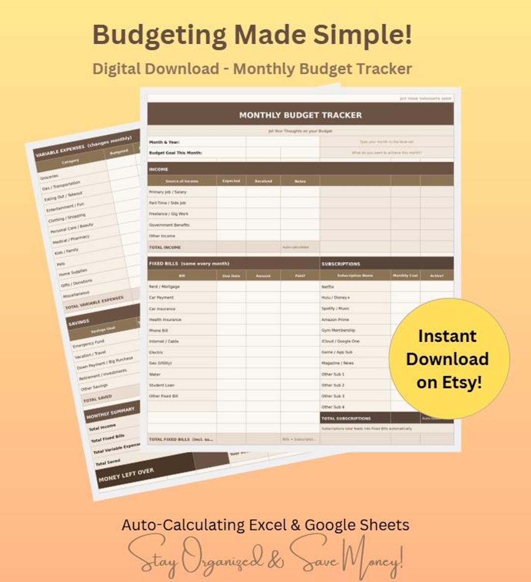 Monthly Budget Tracker Spreadsheet: Taupe Edition, Auto-calculate Excel ...