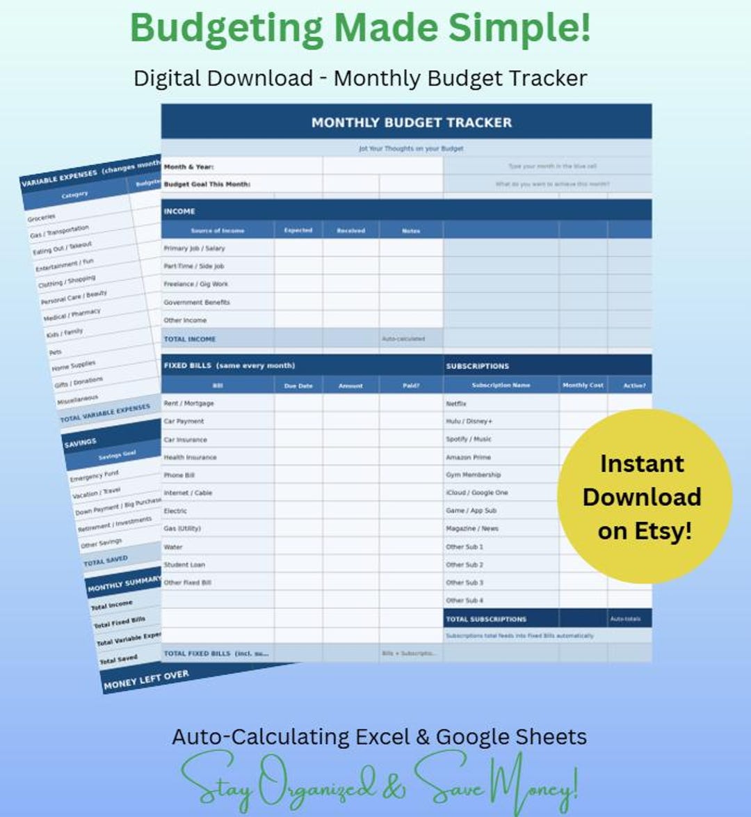 Simple Monthly Budget Tracker Spreadsheet: Blue Edition | Auto ...