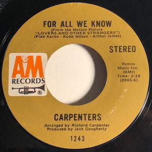 Carpenters / for All We Know / 1971 45rpm W Picture Sleeve / NM - Etsy