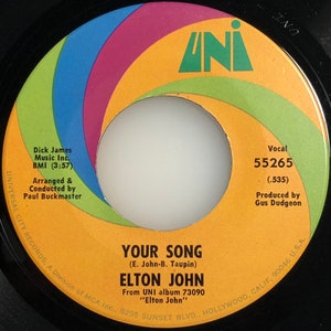 Elton John / Your Song / Original 1970 Pressing / US 45 & UNI Sleeve ...