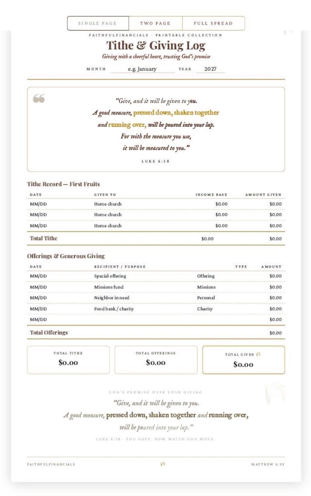 Christian Tithe & Giving Log Printable | Biblical Giving Tracker ...