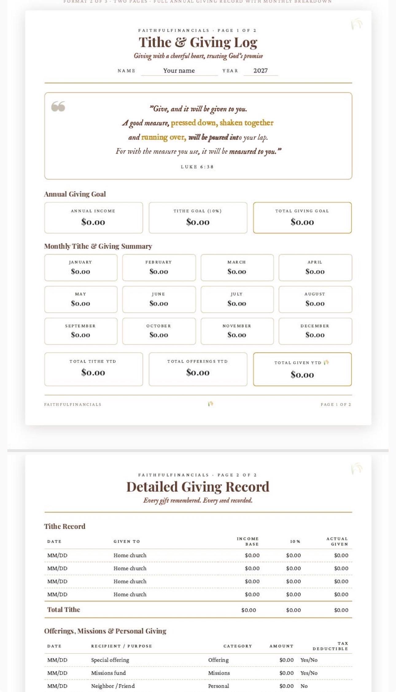 Christian Tithe & Giving Log Printable | Biblical Giving Tracker ...