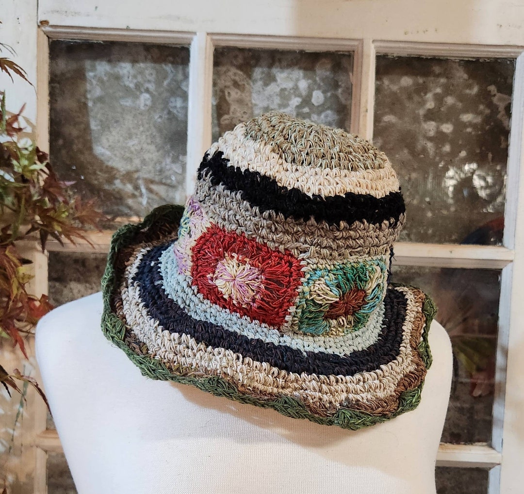 HEMP HAT Hippie Funky Bendable Assorted Colors Flower Design Boho Sun ...