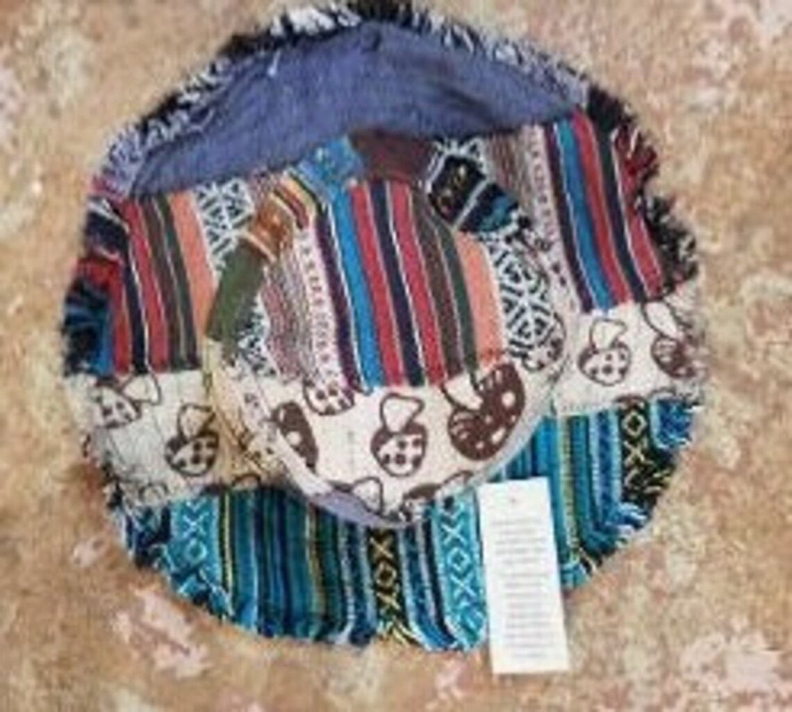 HEMP HAT Unisex Patchwork W/ Mushrooms Fringe Wire Rim Funky | Etsy