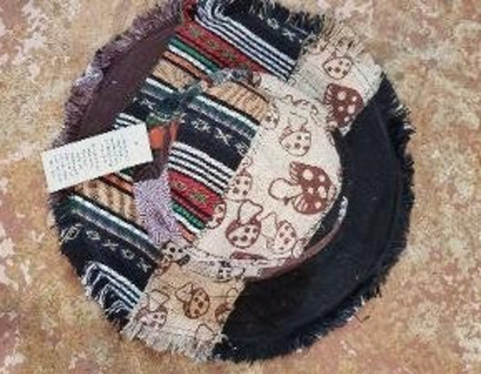 HEMP HAT Unisex Patchwork W/ Mushrooms Fringe Wire Rim Funky | Etsy