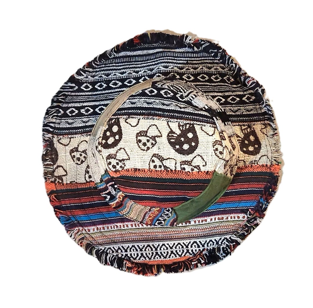 HEMP HAT Unisex Patchwork W/ Mushrooms Fringe Wire Rim Funky Hippie Hat ...
