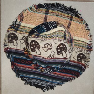 HEMP HAT Unisex Patchwork W/ Mushrooms Fringe Wire Rim Funky Hippie Hat ...