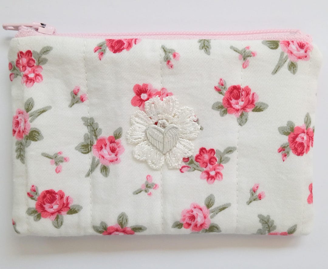 Handcrafted Pouch, Pink Roses With Heart Charm. - Etsy