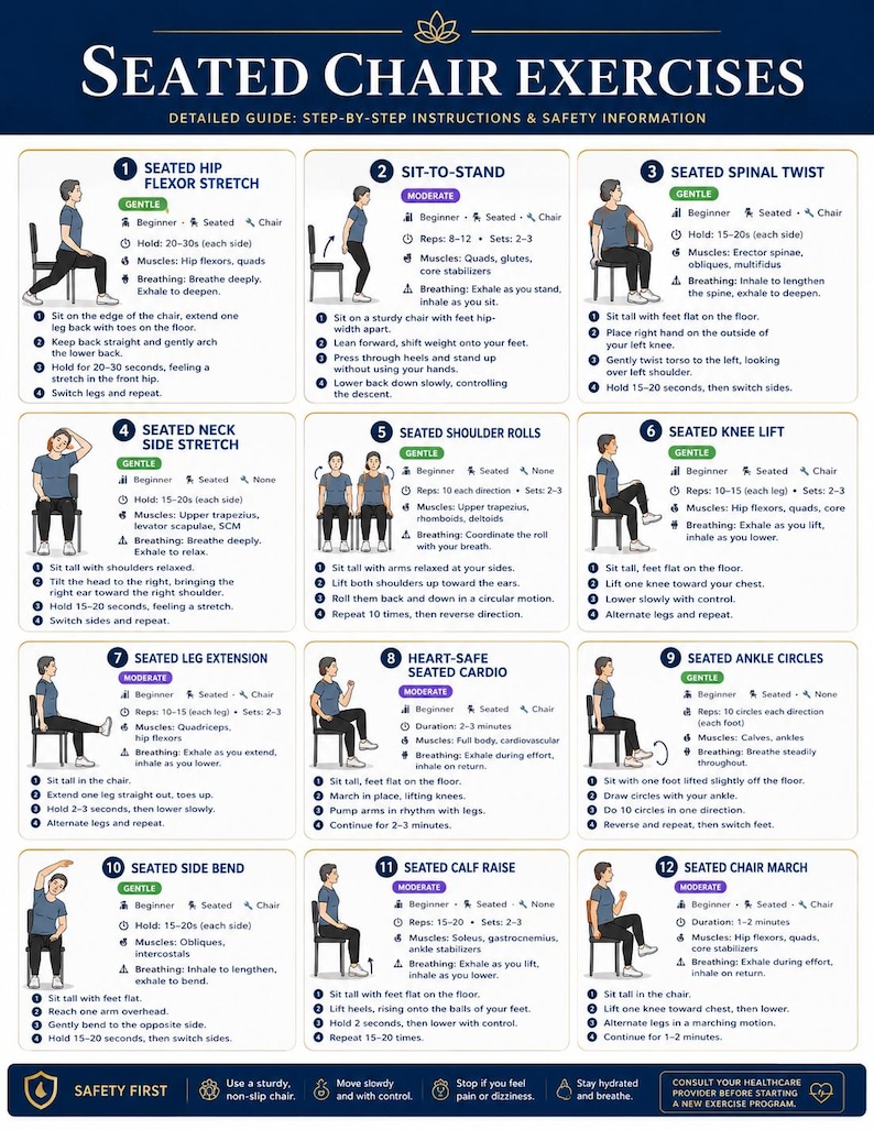 Seated Chair Exercises for Seniors Printable PDF | 12 Gentle Workouts ...