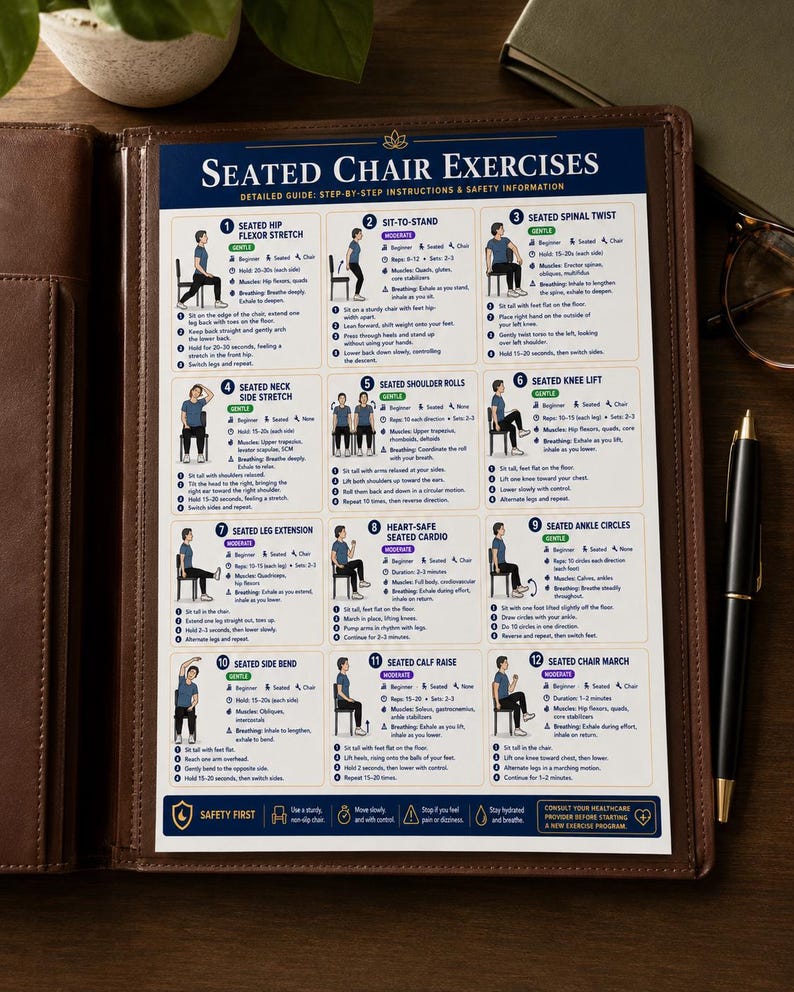 Seated Chair Exercises for Seniors Printable PDF | 12 Gentle Workouts ...