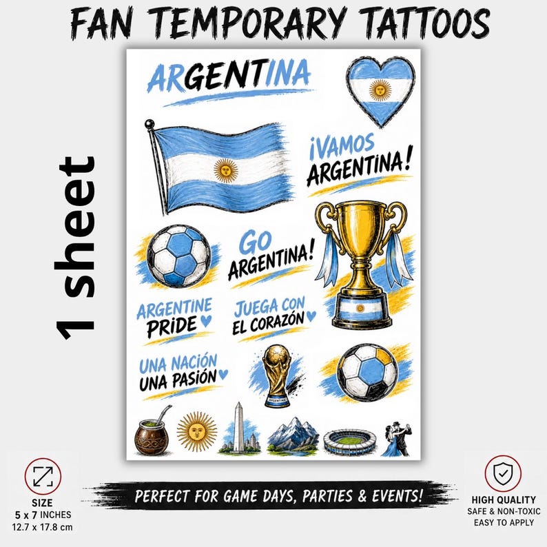 Argentina Soccer Temporary Tattoos, Argentina Fan Tattoos, Argentina ...