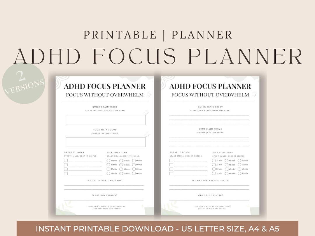 ADHD Focus Planner Printable, Productivity, Brain Dump, Task Breakdown ...