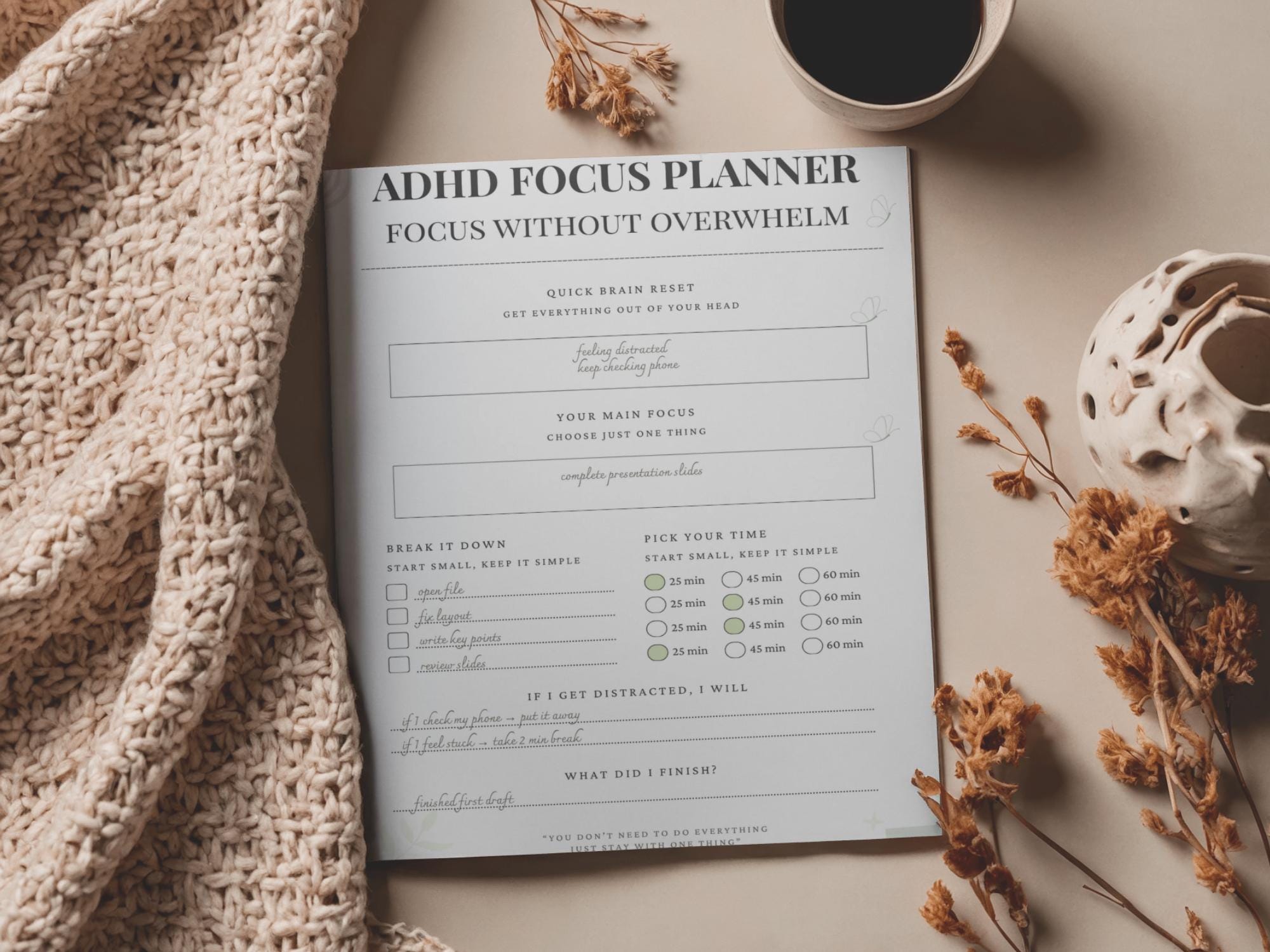 ADHD Focus Planner Printable, Productivity, Brain Dump, Task Breakdown ...