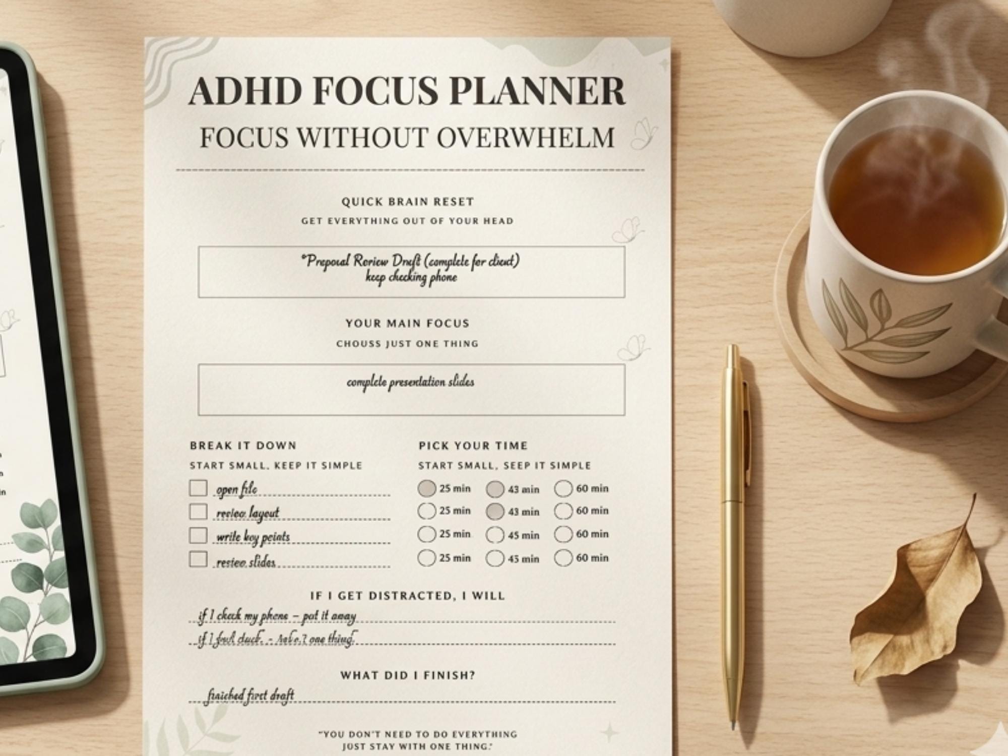 ADHD Focus Planner Printable, Productivity, Brain Dump, Task Breakdown ...