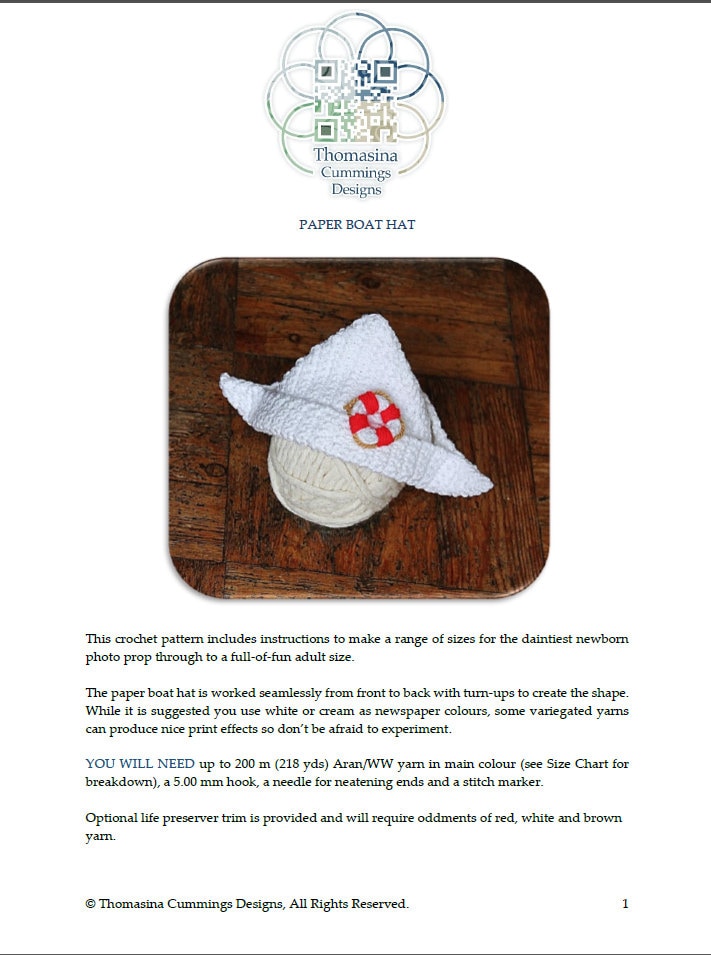 Crochet Paper Boat Hat INSTANT DOWNLOAD PDF From Thomasina - Etsy