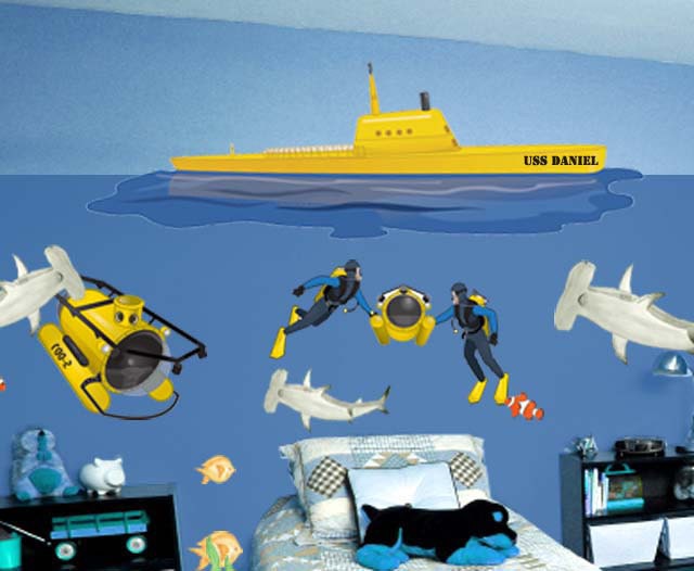 Submarine and Shark Wall Mural, Boys Undersea Room Decor - Etsy