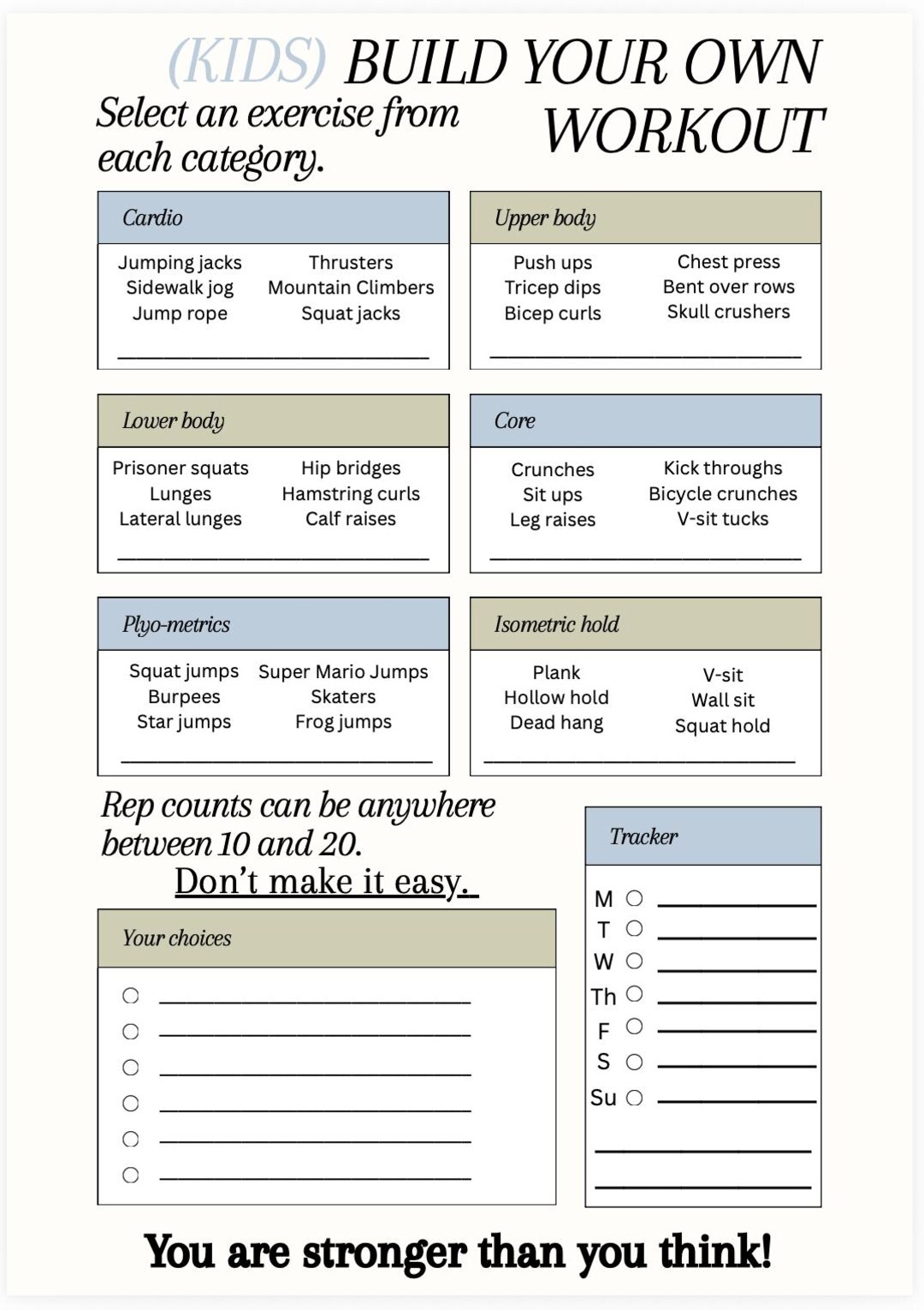 Printable Kids Workout Planner, Build Your Own Workout Chart PDF - Etsy