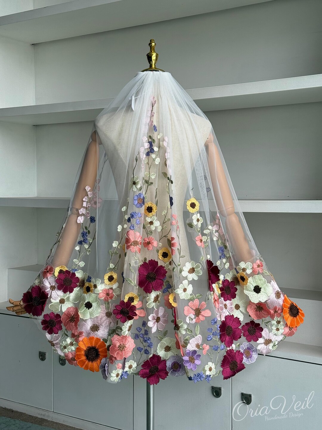 Colorful Floral Wedding Veil, 3D Flower Tulle Bridal Veil, Romantic ...