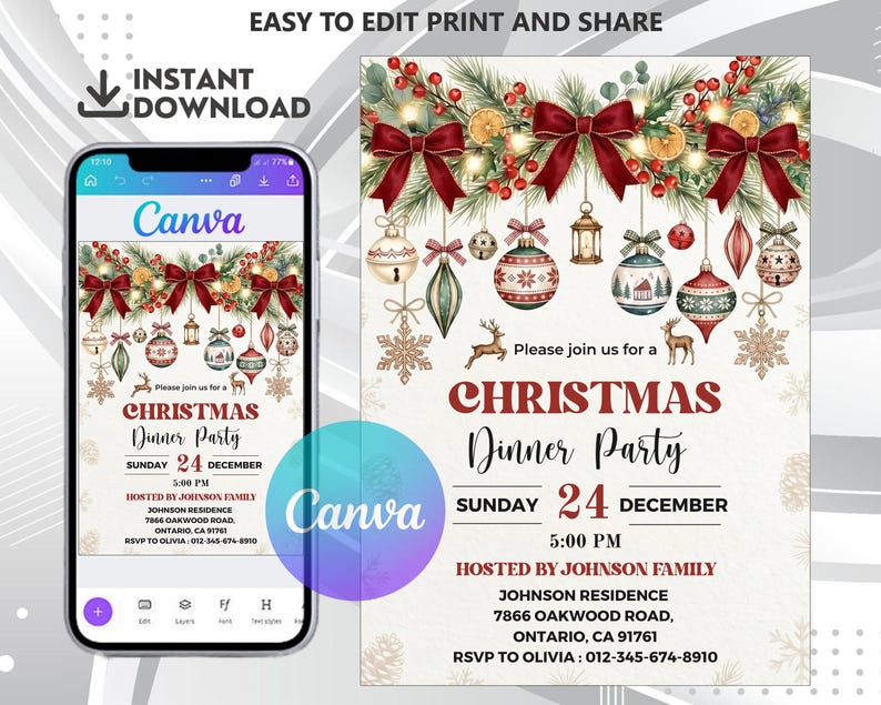 Retro Christmas Dinner Party Invitation, Editable Canva Template (5x7 ...