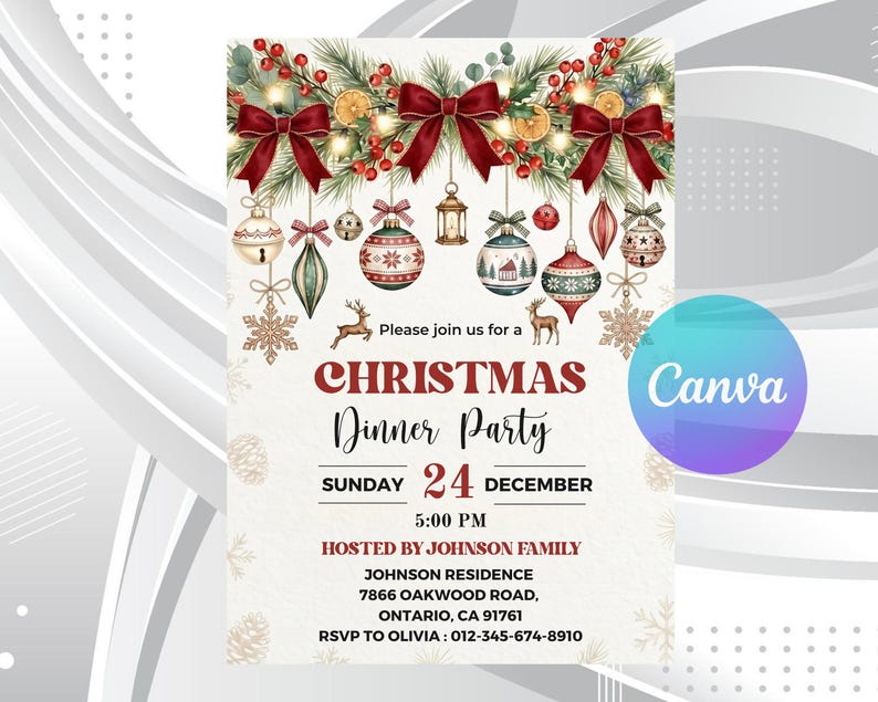 Retro Christmas Dinner Party Invitation, Editable Canva Template (5x7 ...