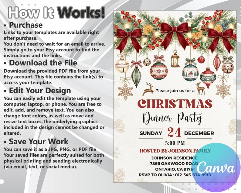 Retro Christmas Dinner Party Invitation, Editable Canva Template (5x7 ...
