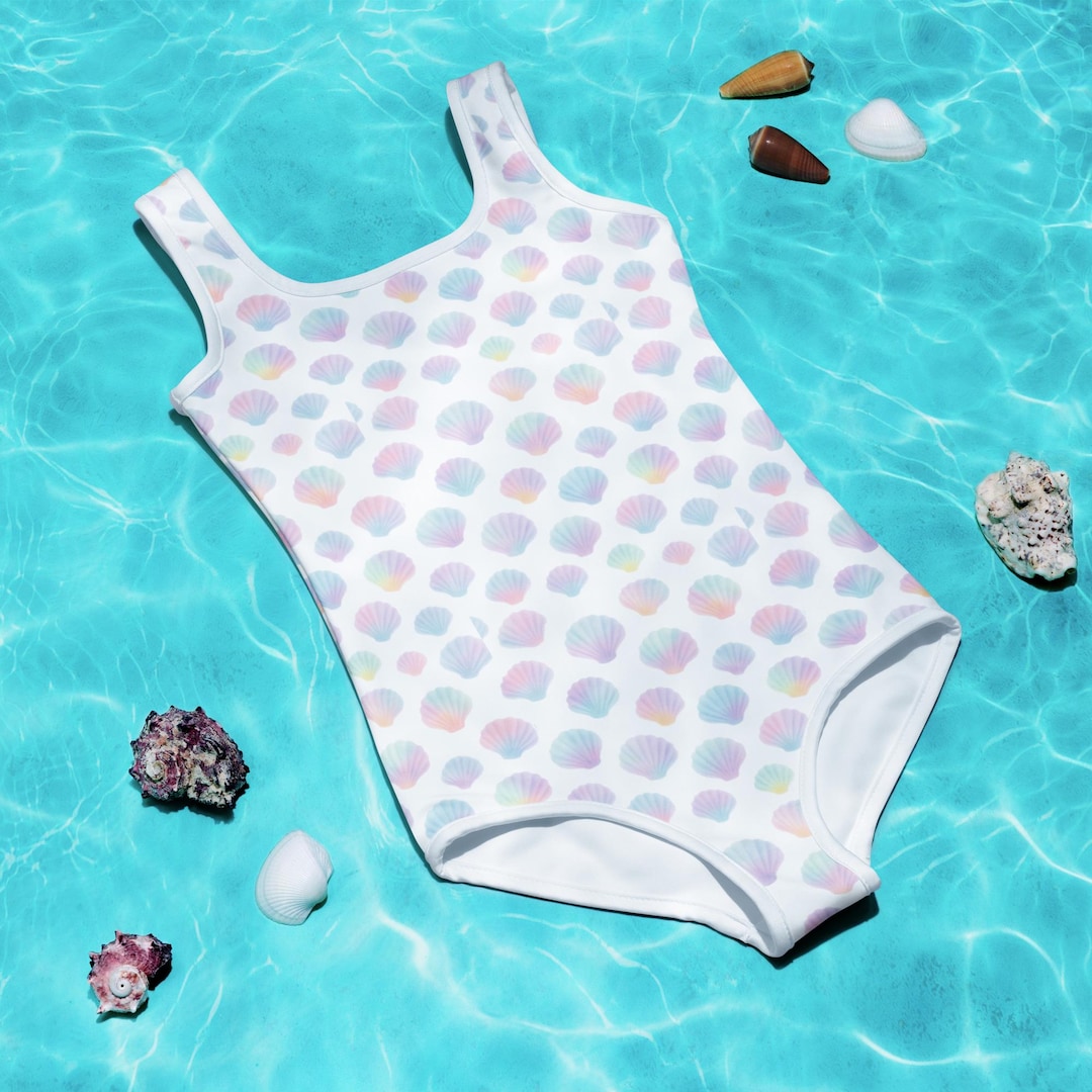 Girls Seashell Swimsuit • Pastel Rainbow Shell Bathing Suit • Toddler ...