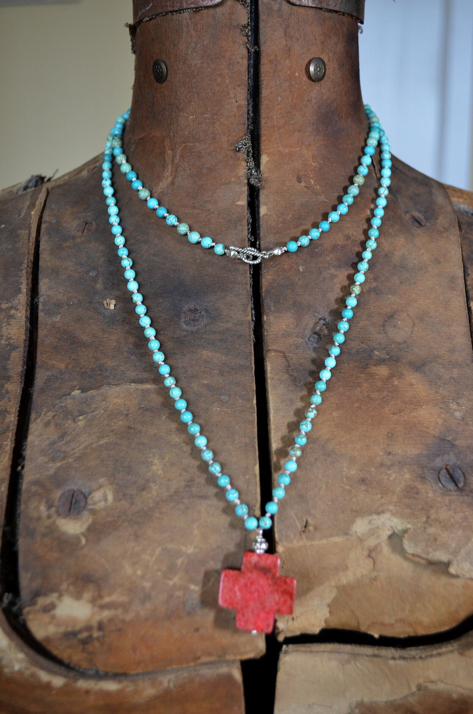 Ultra Long Turquoise Howlite and Red Magnesite Cross Necklace - Etsy