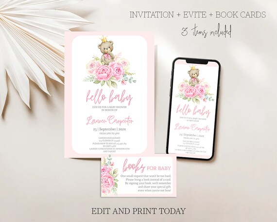Teddy bear baby shower invitation Girl bundle, minimal baby shower ...