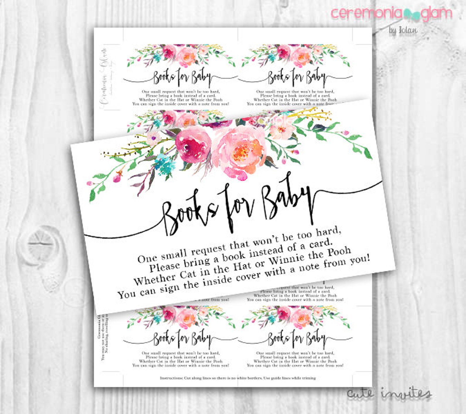 Floral Baby Shower Girl Book Cards Watercolor Floral Please | Etsy