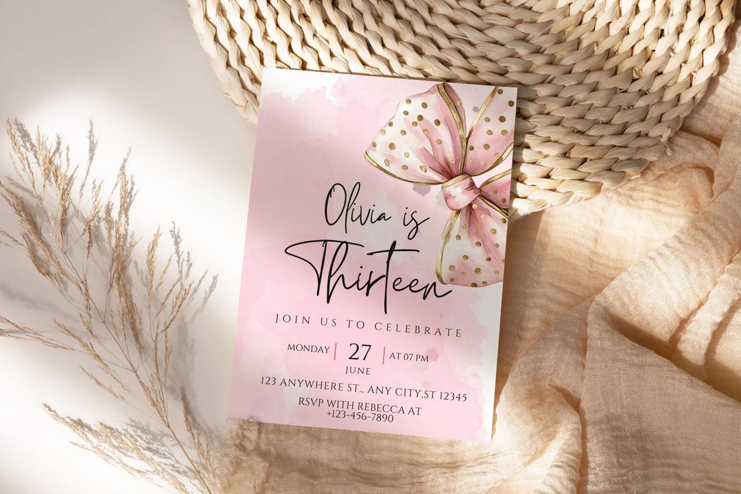 Editable Pink And Gold Bow 13th Birthday Invitation Coquette