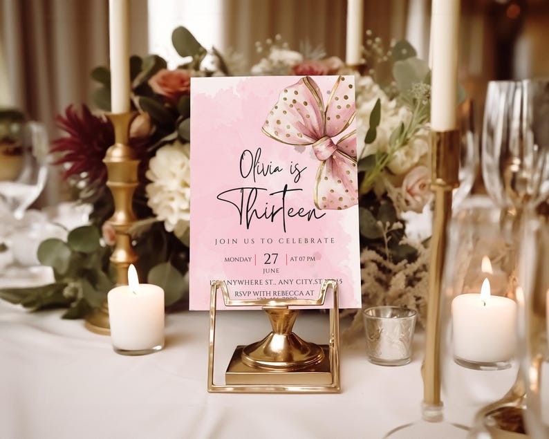 Editable Pink And Gold Bow 13th Birthday Invitation Coquette