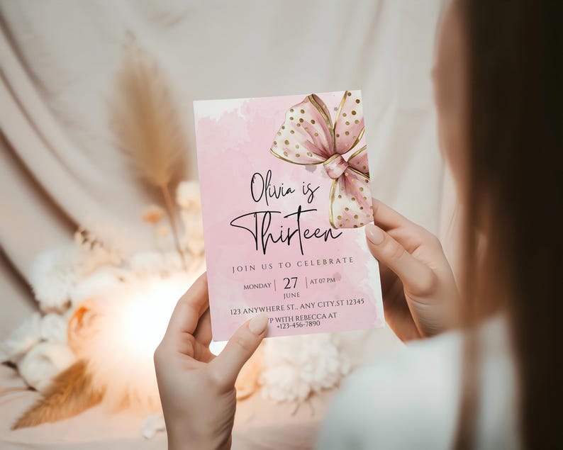 Editable Pink And Gold Bow 13th Birthday Invitation Coquette