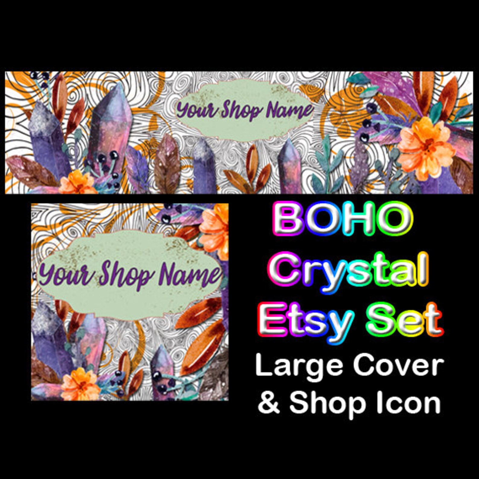 BOHO CRYSTAL Etsy Large Cover Banner Set /Premade Etsy | Etsy
