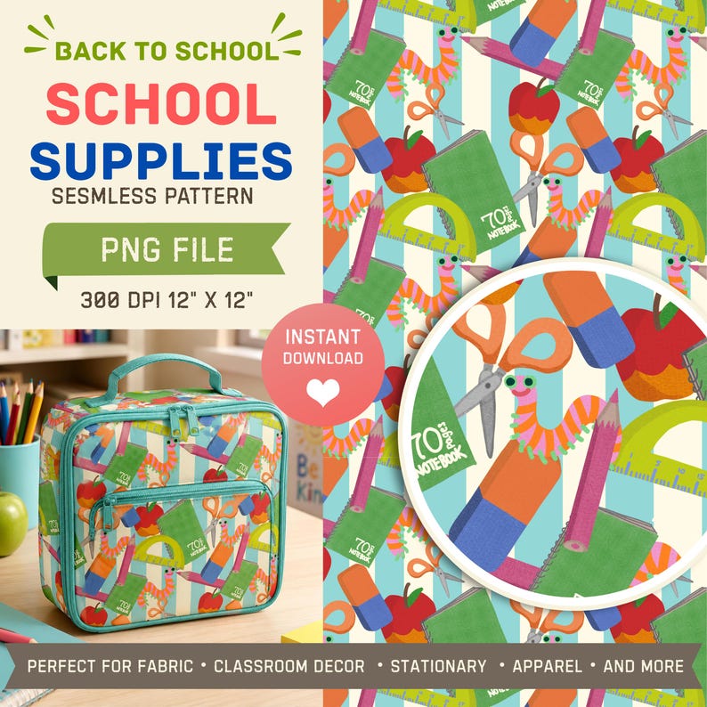 Back to School Seamless Pattern PNG for Teacher Fabric | PNG 300 DPI ...