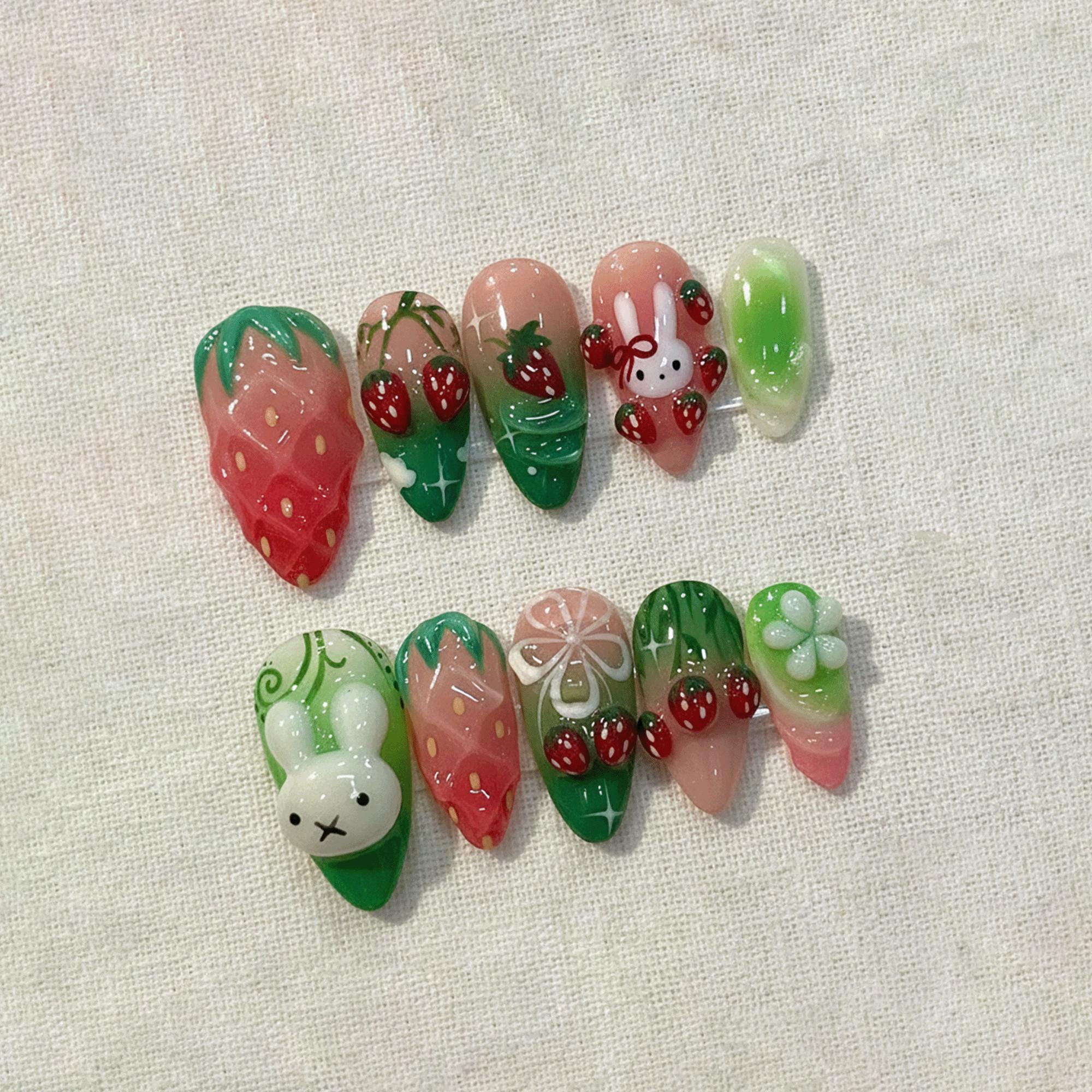 Strawberry Bunny Press on Nails, Kawaii 3D Cute Fruit Nails, Handmade ...