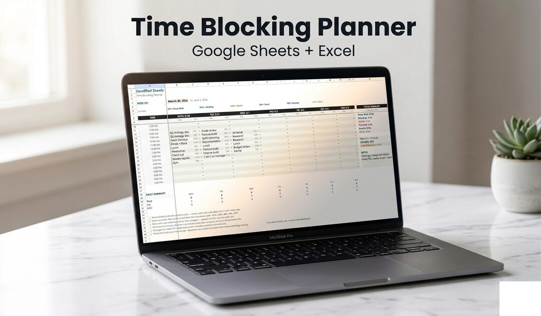 Time Blocking Planner Spreadsheet | Google Sheets + Excel | Weekly ...