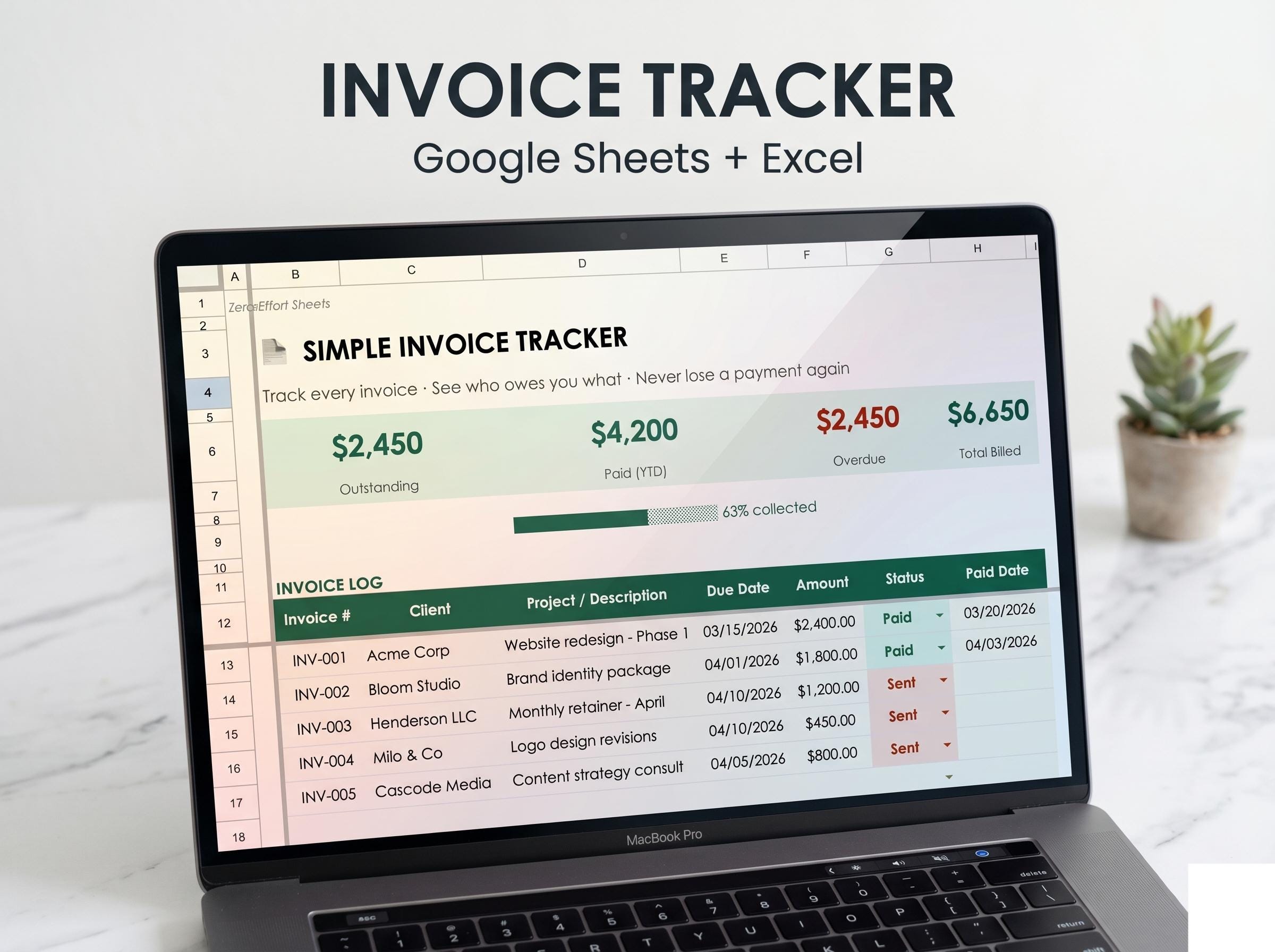 Simple Invoice Tracker Spreadsheet | Freelance Invoice Log | Google ...