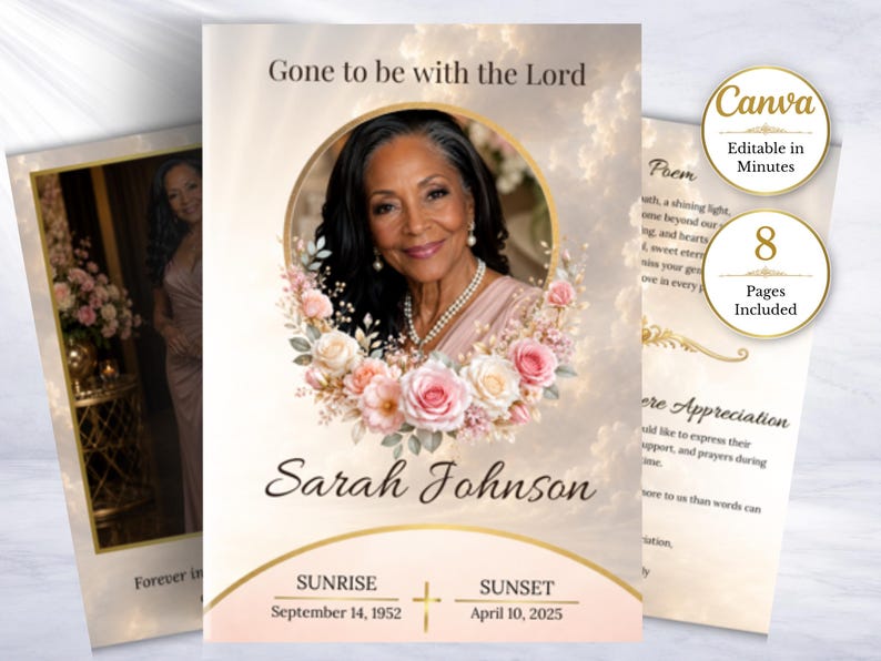 Pink Funeral Program Template Canva for Her Editable Memorial Service ...